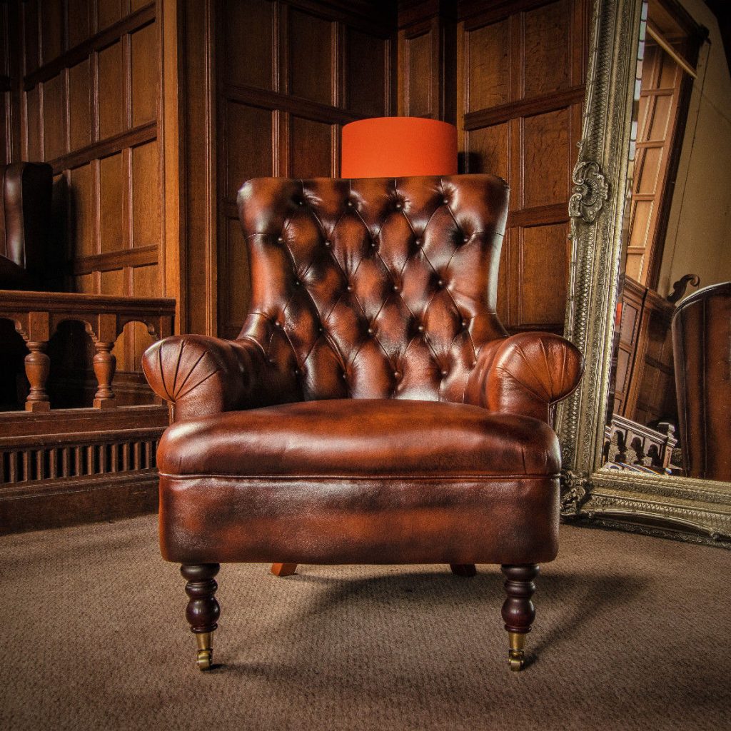 F50-1173 JOHN LEWIS CALVAY ANTIQUE BROWN LEATHER CHESTERFIELD LIBRARY ...
