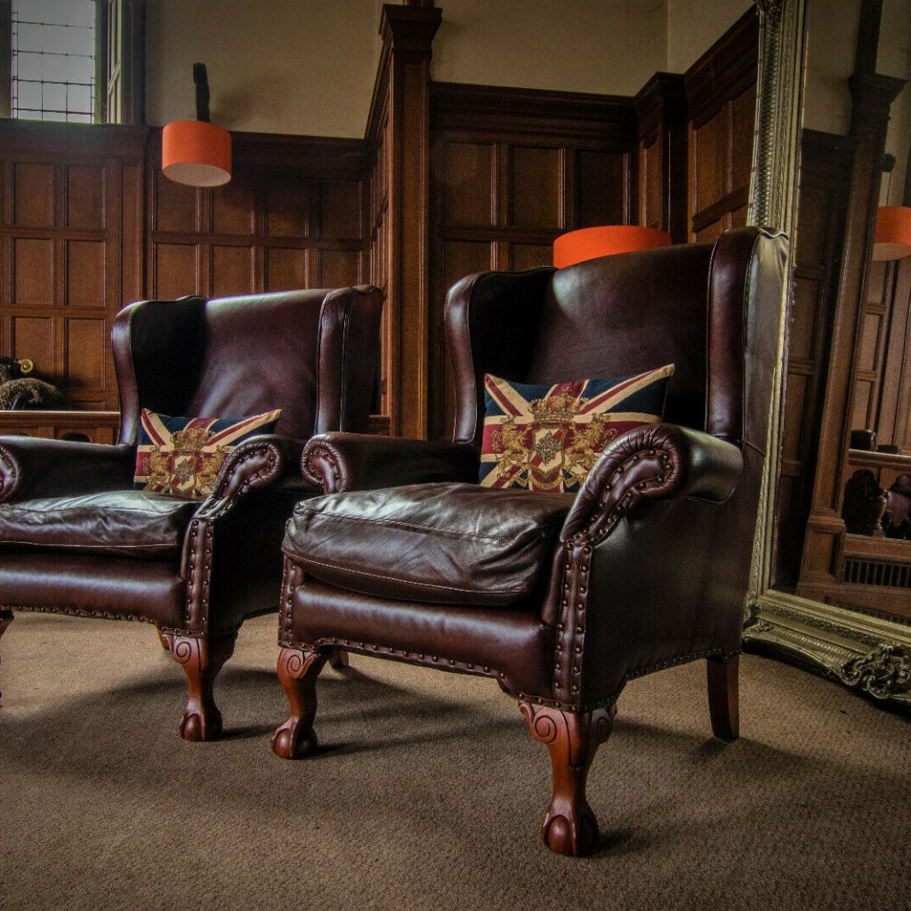 F50-1261 PAIR of TETRAD COMPTON JOHN LEWIS BROWN LEATHER CHESTERFIELD ...